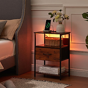 Somdot Nightstand with Charging Station and LED Light for Bedroom, Bedside Table End Table for Dorm Bedside Laundry Closet Entryway Hallway, Wood Grain Print