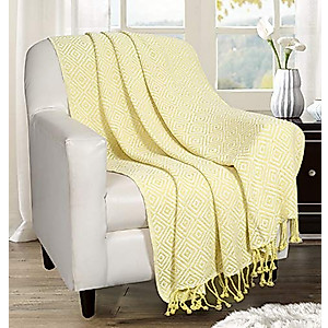 Throw Blanket With Fringes In Diamond Design 50x60 Inch -Lime Yellow Cotton Throw For Sofa, Chair, Bed, & Everyday Use, Well crafted for durability, Farmhouse Throw,All Season Throw Blanket