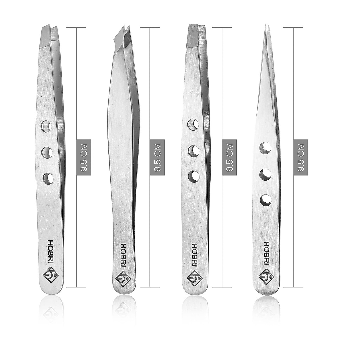 Tweezers Set, Eyebrows Kit Professional Stainless Steel Set - 4 Pieces with Leatherette Travel Case Perfect for Facial Hair, Beauty and Personal Care Tool Hobri International, silver (HTZK-001)