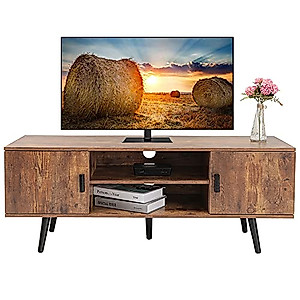 Iwell Mid-Century Modern TV Stand for 55 Inch TV, Entertainment Center TV Console with 2 Storage Cabinet and Shelves, TV Stand for Living Room/Bedroom, Rustic Brown