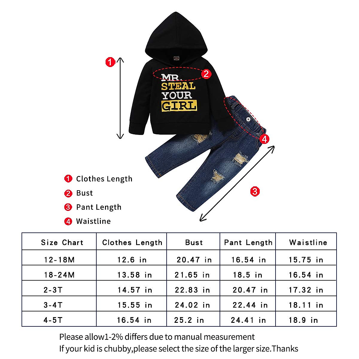 NZRVAWS 12 Months Boy Clothes Toddler Boy Outfit Hoodie Sweatsuit Tops +Ripped Jean Long Pants Fall Winter 2 Piece Outfits Set for Baby Boy