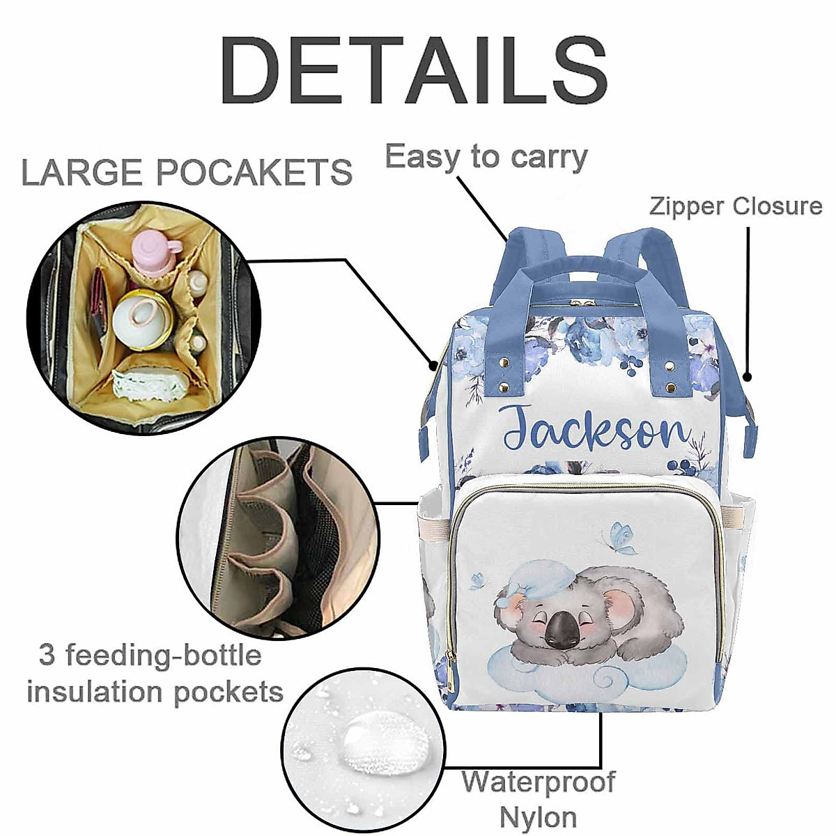 M YESCUSTOM Custom Bear Diaper Bag with Name, Personalized Cute Koala Mommy Nursing Bags Lavender Floral 's Multifunction Backpack Travel Bag with Large Capacity, Holiday Gift for Women New Mom