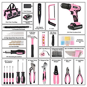 Pink 21V Cordless Drill Set for Women,Power Cordless Drill with Battery and Charger,Lightweight Complete Womens Tool Kit for House,Pink Tools Set with Electric Drill Driver for Home Office Repair