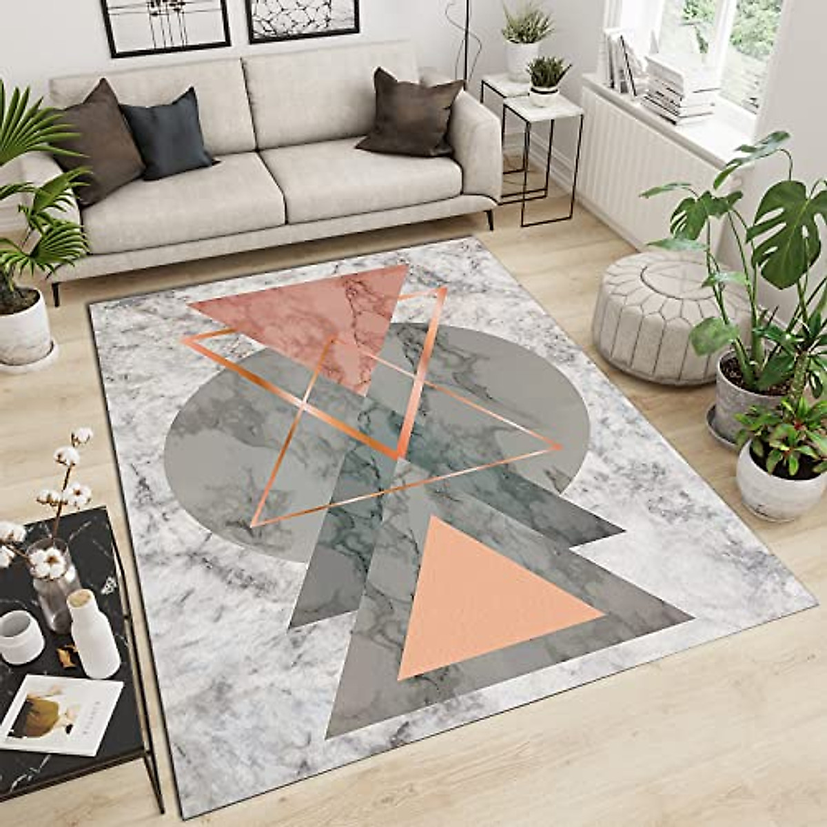 Grey Pink Marble Texture Area Carpet, Irregular Geometry Triangle Circular Soft Rug, Super Fluffy Machine Washable Non-Slip for Living Room Bedroom Study Dining Room Kitchen3x5ft