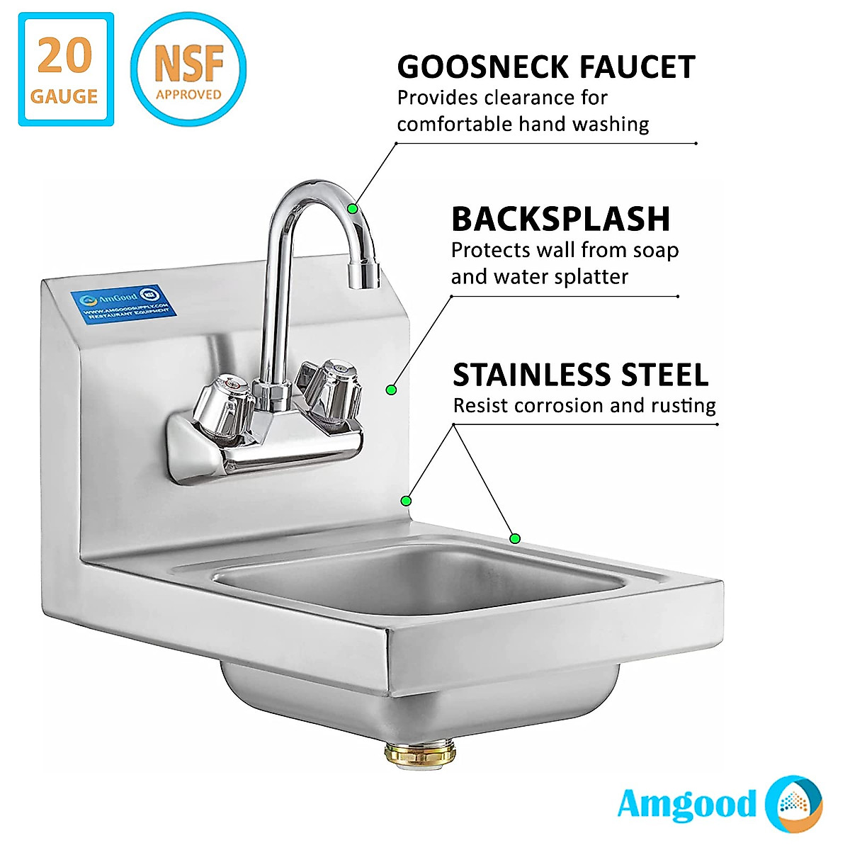 AmGood Stainless Steel Wall Mount Hand Sink 12" x 16" | NSF Commercial Hand Washing Basin with Faucet For Restaurant, Kitchen and Home | Bowl Size: 9" x 9"