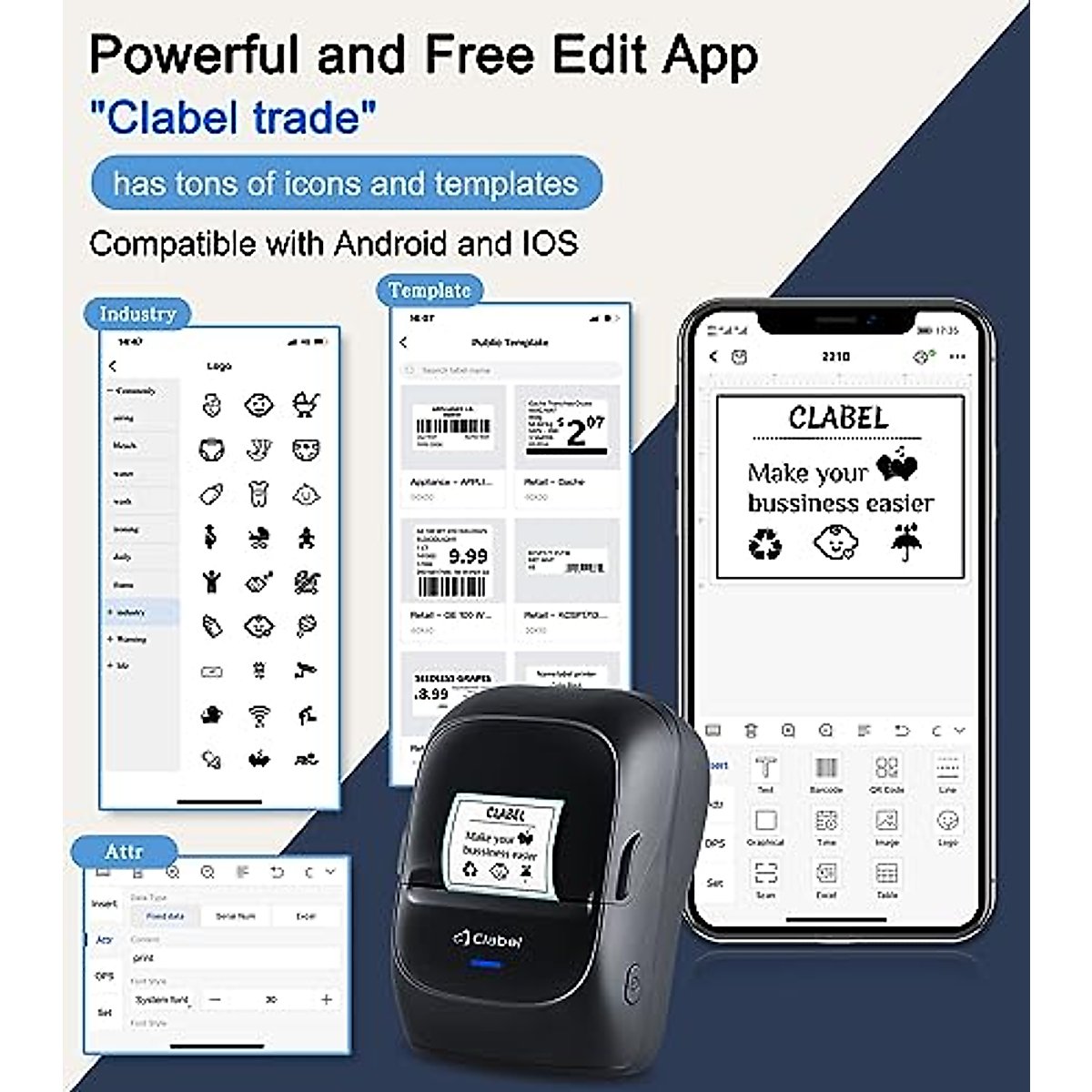 CLABEL Barcode Label Printer, 221B Bluetooth Thermal Label Maker Printer for Addresses, Business, Clothing, Labeling, Mailing, Compatible with Android & iOS System, with 1 Roll Label