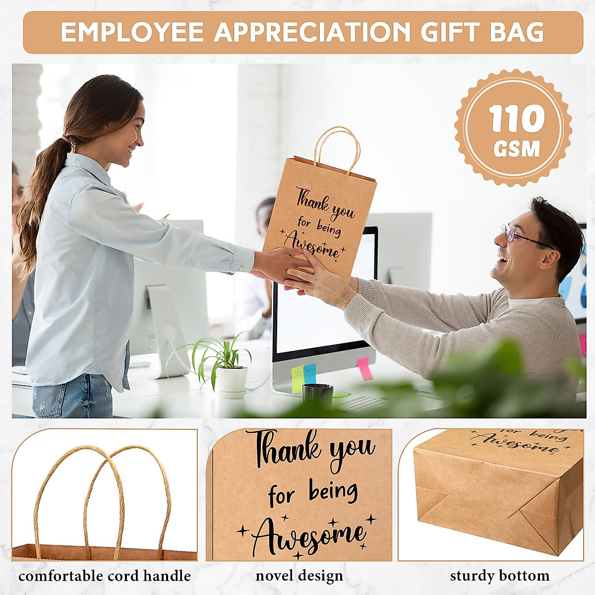 Ctosree 20 Pcs Gift Paper Bags for Employee Coworker Colleague Thank You for Being Awesome Bags with Handles Thank You Gift Bags for Colleague Employee (8.3 x 4.3 x 10.6 Inch, Kraft Paper)