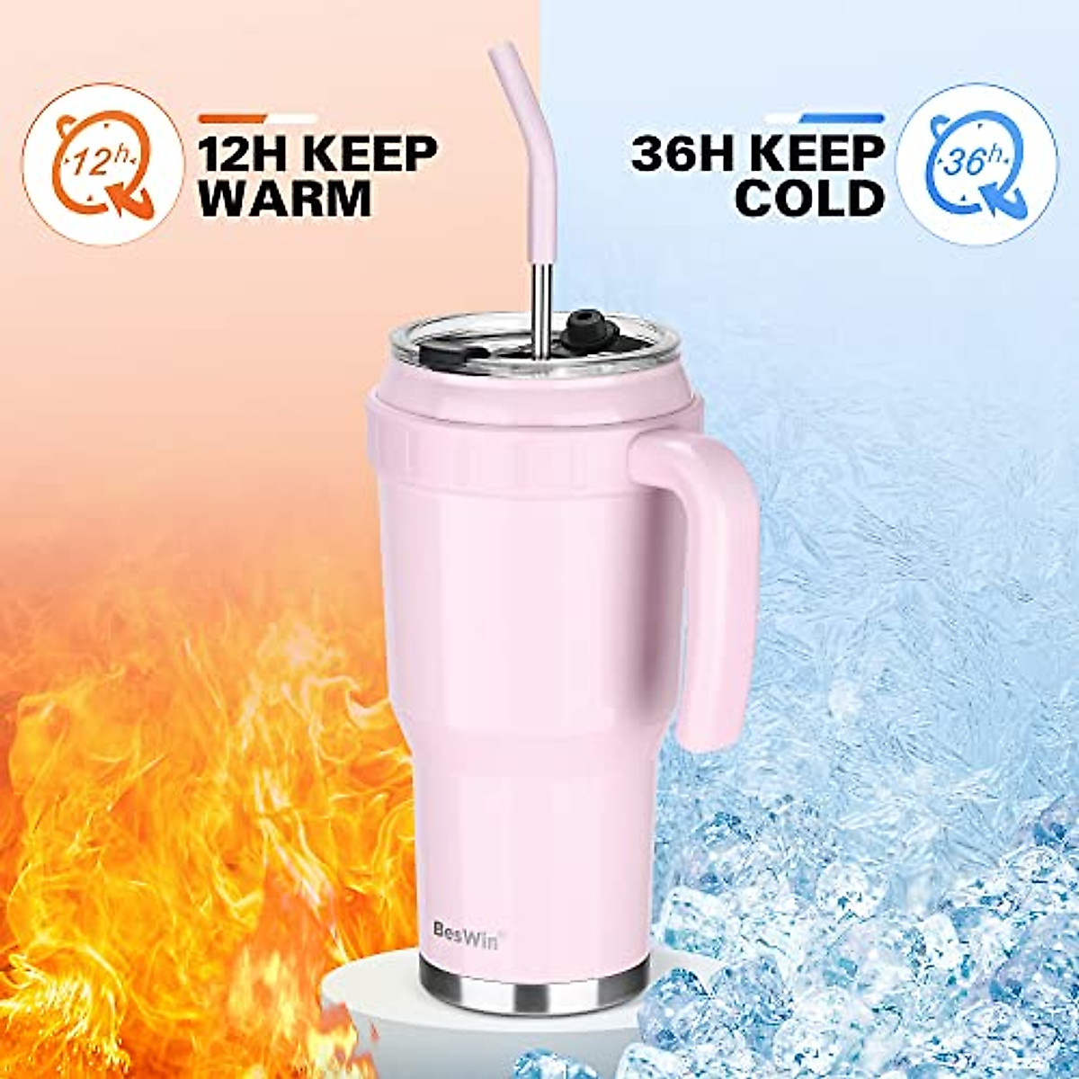 BesWin 40 oz Tumbler with Handle and Straw, Stainless Steel Vacuum Insulated Tumbler with Straw Lid - Travel Coffee Mug Iced Coffee Cup - Keeps Cold for 36 Hours, Leakproof - 40 oz, Pale Pink