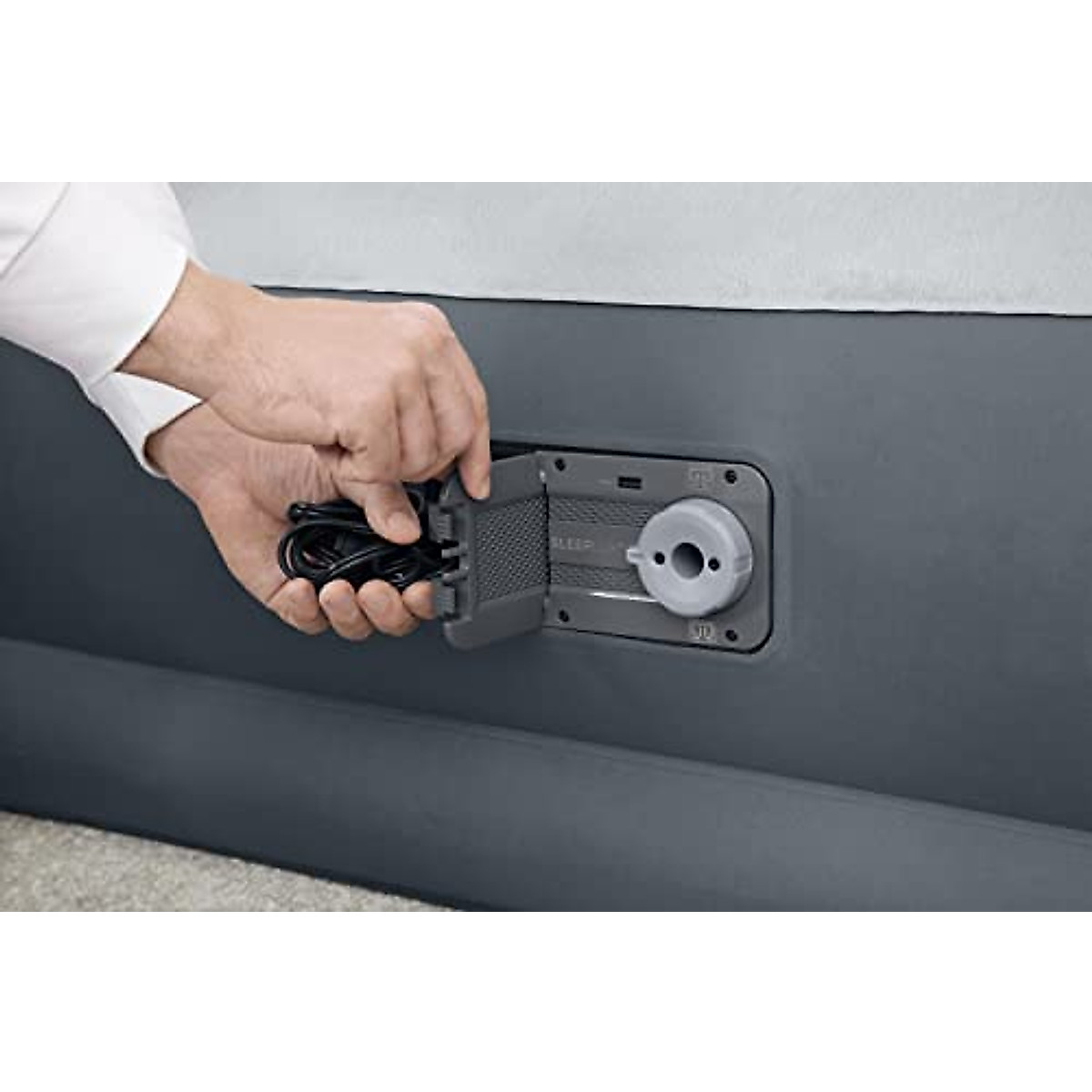 SLEEPLUX Queen Air Mattress with Headboard | Supersoft Snugable Top, Extra Durable Tough Guard | Raised Airbed with Built in Pump + USB Charger (90"x60"x29") Grey