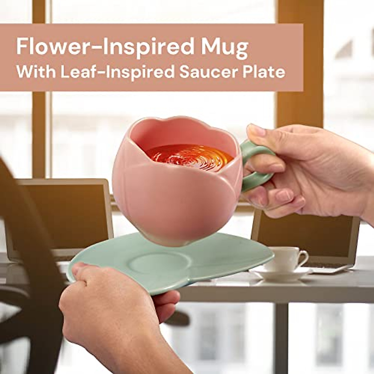 VIVERIE 10 oz Pink Flower Teacup and Saucer - Leaf Heart Tea Cup Saucer, Cute Coffee Mug, Tea Mug, Hot Teacup Set, Tea Accessories for Women, Mom, Friends, Birthday, Christmas Gift, Pink Christmas Mug