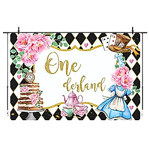 Onederland 1st Birthday Backdrop for Girls Wonderland Tea Party Photography Background Girl Pink Floral Poker Decoration Cake Table Banner 7x5ft