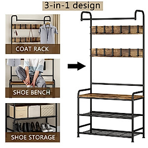 LINZINAR Coat Rack Shoe Bench 3-in-1 Hall Tree with Bench and Shoe Storage for Entryway Heavy Duty MDF Stand Coat Rack Industrial Accent Furniture with Metal Frame, Black (Rustic Black)