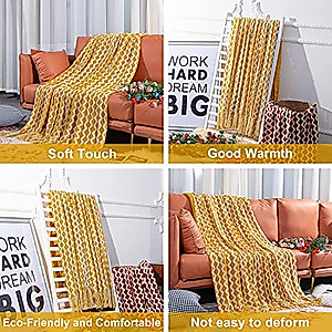 NTBAY Acrylic Knitted Throw Blanket, Lightweight and Soft Cozy Decorative Woven Blanket with Tassels for Travel, Couch, Bed, Sofa, 51x67 Inches, Mustard Yellow Wave