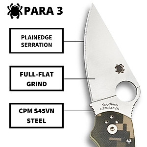 Spyderco Para 3 Camo 7.24" Signature Knife with 2.95" Stainless Steel Blade and Durable G-10 Handle - PlainEdge Serration - C223GPCMO