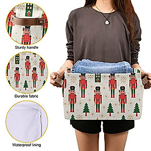 xigua Christmas Nutcracker Xmas Tree Snowflake Storage Basket Foldable Storage Bin Canvas Rectangular Storage Basket with Leather Handles for Home Closet & Office Decoration