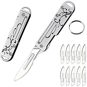 SZHOWORLD Folding Scalpel Knife, Pocket Knife for Men, Small Keychain Knife, Slim Folding Razor Knives with 10pcs #24 Replaceable Blades, EDC Utility knife, Surgical Knives for Outdoor Skinning
