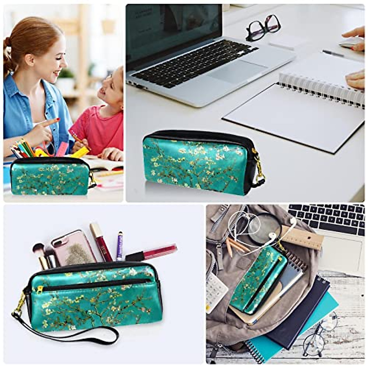 Blossoming Almond Tree Pencil Case Pen Box Teens Stationery Holder Purse Make up Pouch Toiletry Bag