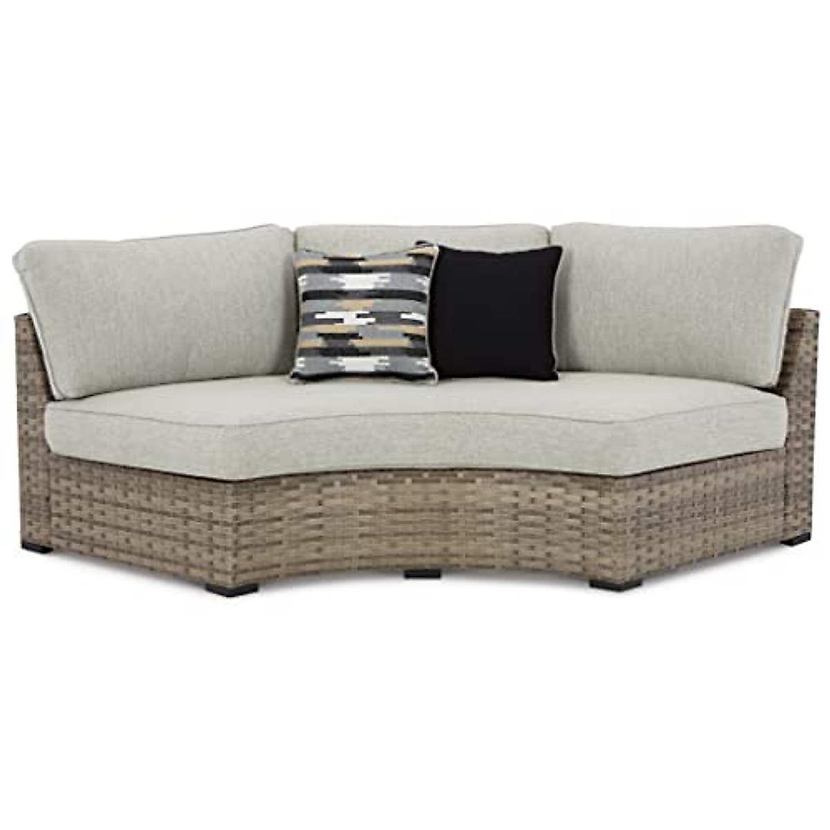 Signature Design by Ashley Outdoor Calworth Curved Patio Wicker Loveseat with Cushion, Beige