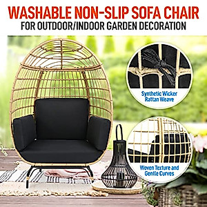 Wicker Rattan Egg Chair, Indoor Outdoor Black Sofa Chair for Patio Backyard and Living Room with 4 Cushions and Powder Coated Steel Frame, Woven Texture Contemporary Ribbed Back Design