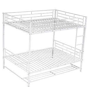 Merax Full Over Full Metal Bunk Bed Frame with Shelf and Guardrails for Bedroom for Boys Girls and Adult,White
