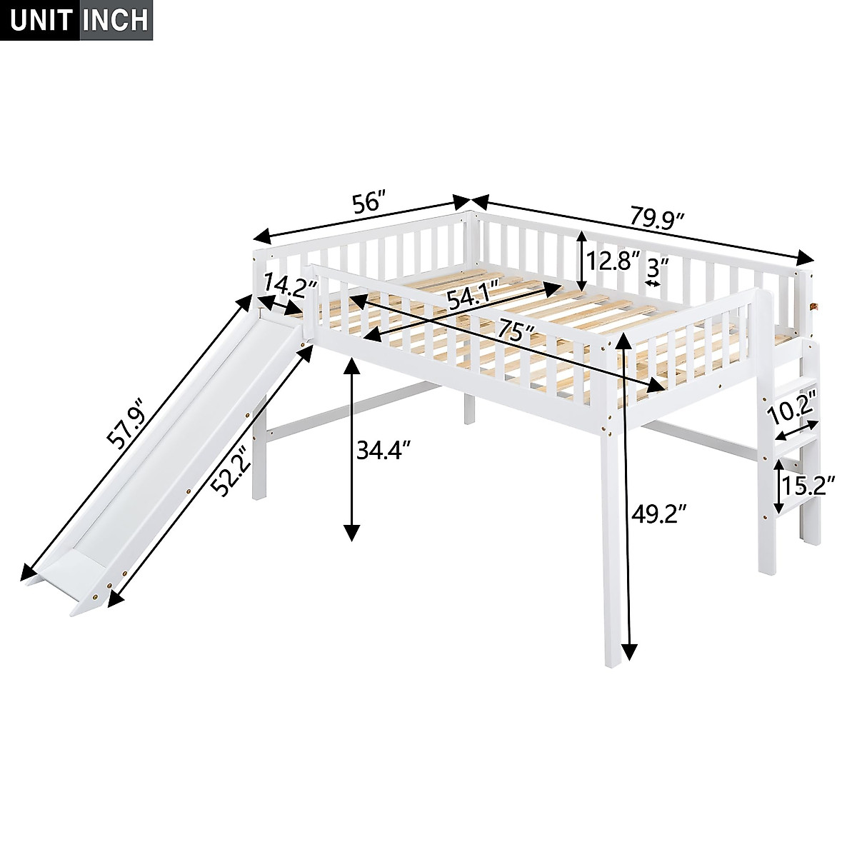 ACQCA Full Size Low Loft Bed with Slide and Ladder,Wooden Bed Frame with Guardrails for Girls,Boys,No Box Spring Required,White