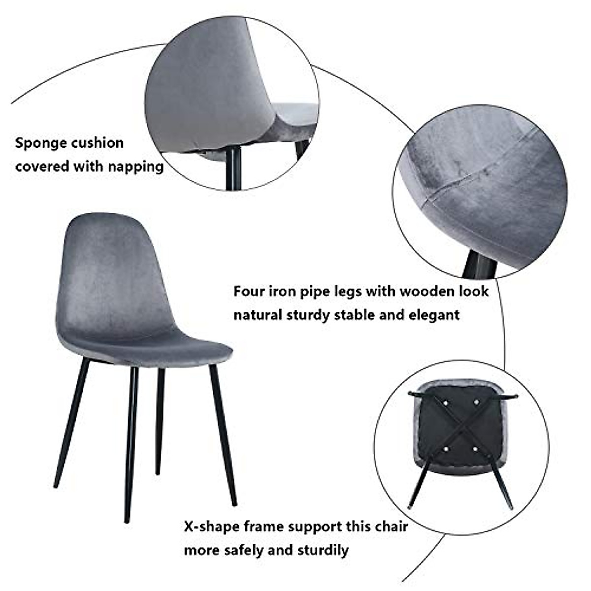 SICOTAS Velvet Dining Chairs Set of 4 - Kitchen Chairs Set of 4 with Black Metal Legs, Upholstered Dining Room Chairs, Shell Lounge Chairs, Modern Dining Chair for Kitchen,Easy to Assemble, Deep Grey