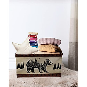 Bear Pine Trees Silhouettes Storage Basket for Shelves, Retro Paper Storage Cube Fabric Storage Bins, Closet Organizers with Handles for Book, Toys, Cloth, 15x11x9.5 Inch