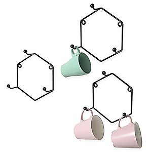 MyGift Black Metal Hanging Coffee Mug Rack, Geometric Design 3-Hook Coffee Mug Holder Wall Mount Hooks, Set of 3