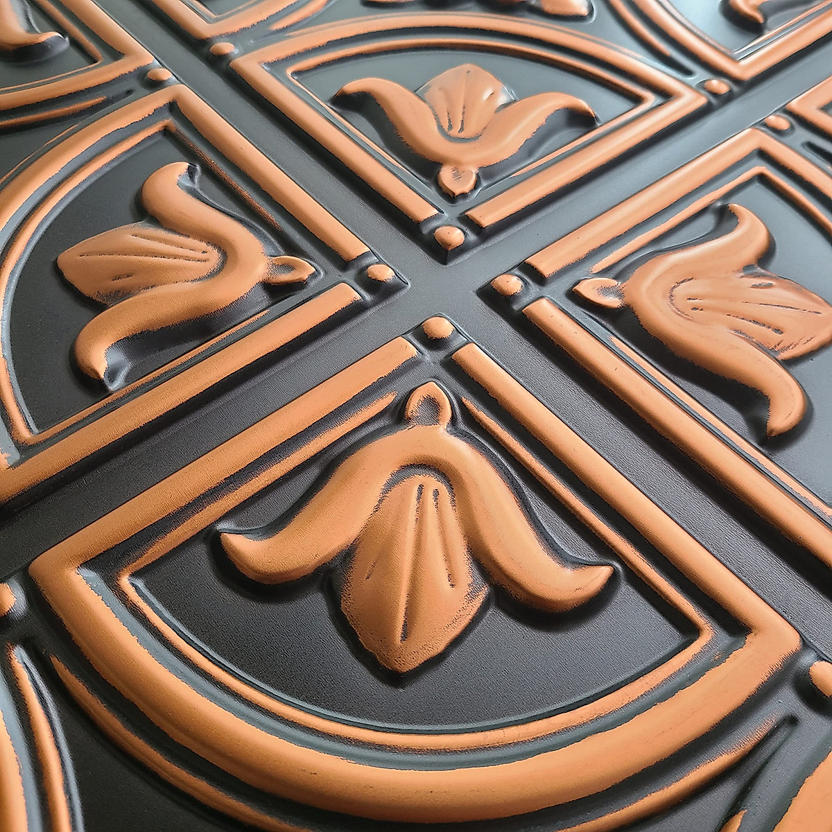 Faux Tin Glue Up Ceiling tile #148 Antique Copper pack of 10 2'X2' tiles (~ 40 sq.ft). Easy to install decorative ceiling tiles. Gorgeous antique look PVC tiles. Great as a backdrop.