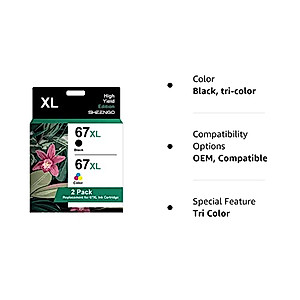 67XL Ink Cartridges Black Color Combo Pack Replacement for HP 67XL 67 XL High Yield for Envy 6055e 6055 6052 6075 Envy Pro 6455e 6455 6475 6458 DeskJet 4155 2755e 2755 Printer (1 Black, 1 Tri-Color)