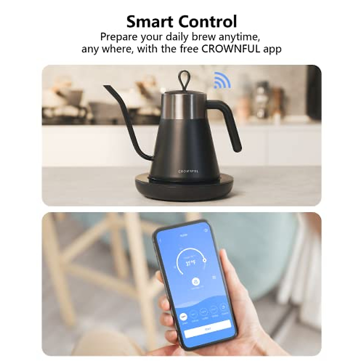 CROWNFUL Smart Electric Gooseneck Kettle with 4 Variable Presets, ±1℉ Temperature Control, 0.8L Capacity, 1200W Quick Heating, 100% Stainless Steel, Pour Over Coffee Kettle, Alexa Control