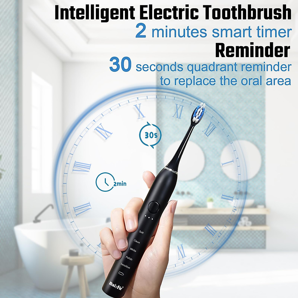 PERECT Sonic Electric Toothbrush for Adults, Rechargeable Sonic Electric Toothbrush with 6 Brush Heads, 1 Charge for 90 Days,IPX7 Waterproof 5 Modes 3 Intensities, Smart Timer, Black