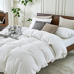 EVERLY 100% Pure Linen Duvet Cover Set Twin Size 68X90Inch 3pcs (1 Duvet Cover,1Pillowcases) Soft and Breathable for All Season with Coconut Button Closure, Suitable for Hot Sleepers-White-Twin