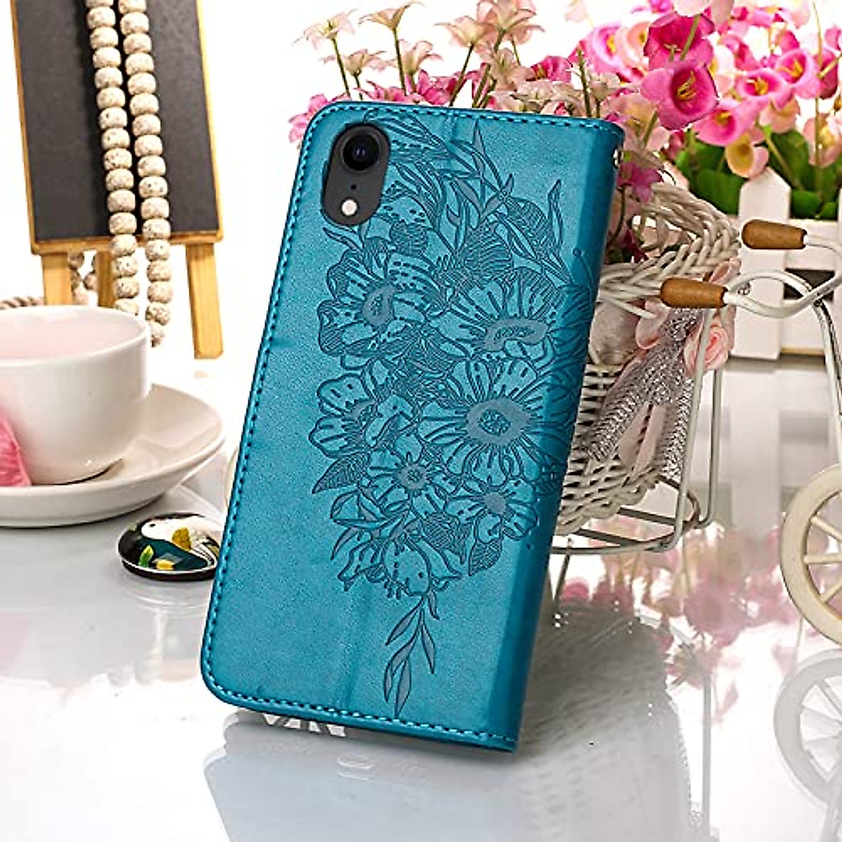 Phone Case for iPhone XR Wallet,Card Holder [Kickstand][Wrist Strap] Butterfly Floral Embossed for Women PU Leather Flip Protective Cover for iPhone XR Cases 2021 (Blue)