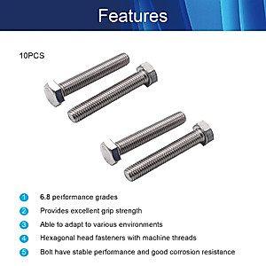 Juvielich M10x60mm Hex Head Screw Bolts 304 Stainless Steel Fully Threaded Hex Tap Bolts Silver Tone 10PCS