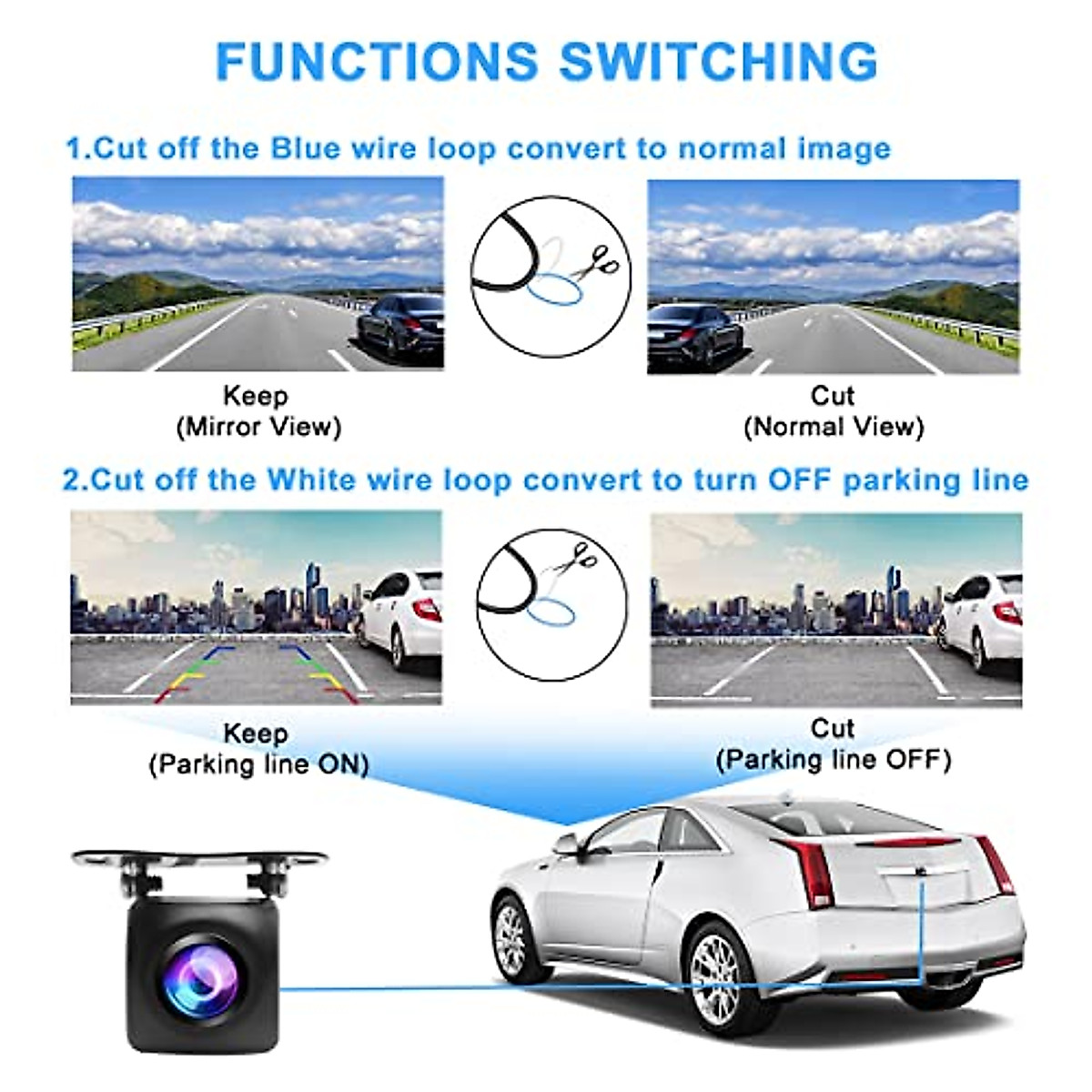 PARKVISION Backup Camera/Front Facing Camera with Real 180 Degree Ultra Super Wide Angle,Angle Adjustable,HD Fisheye Glass Lenses,Waterproof IP68,Mirror Guideline Function,DC12V24V for Universal Cars