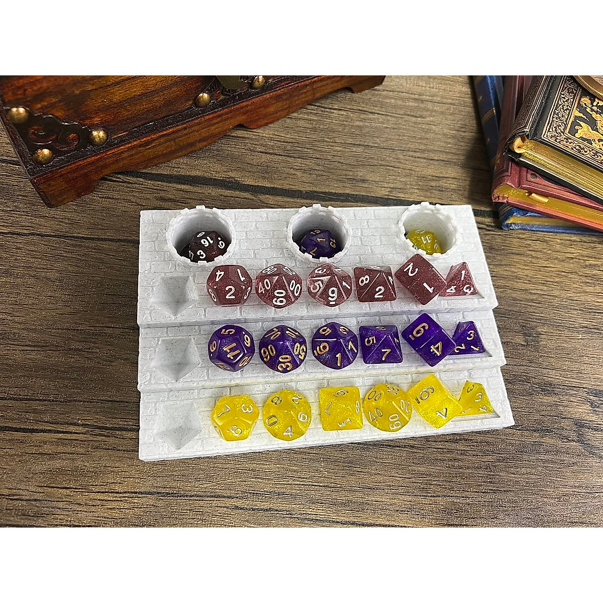 MunnyGrubbers - Dice Display Rack Shelf - Dice Jail - Dice Holder - (3 x Random 7PCS D20 Dice Set Included) - Display Up to 3 Sets of Dice and Vials - Dungeons and Dragons - DND - D&D - (Silver)