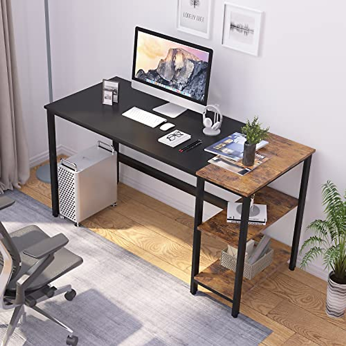 soges 55.1 Inch Home Office Computer Desk, Study Writing Table Desk with with Splice Board, Wooden Study Working Table Desk with 2-Tier Storage Shelf,Modern Laptop PC Table