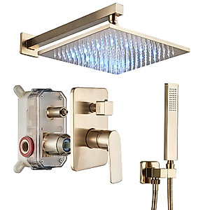 Saeuwtowy Brushed Gold Rain Shower System with 12 Inch LED Shower Head and Brass Handheld with Brass Valve and Trim Kit Shower Faucets Sets Complete