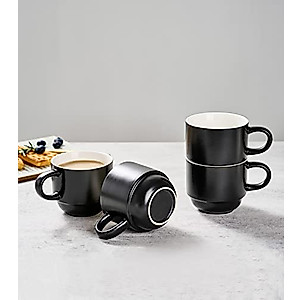 YHOSSEUN Porcelain Stackable Coffee Mug Set With Rack, Demitasse Cups with Espresso Spoons, 11 Oz For Coffee Drinks, Latte, Macchiato, Cafe Mocha Set of 4,Black