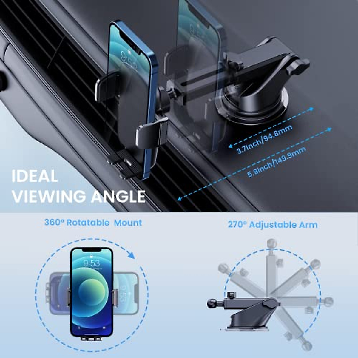 Phone Mount for Car Phone Holder [Military-Grade Suction & Stable Clip]Car Phone Holder Mount Windshield Dashboard Air Vent Universal Cell Phone Automobile Mount Fit For All iPhone Android Smartphones