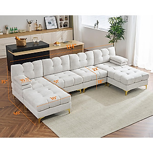 PaPaJet 124 Inch Sectional Sofa, 6 Seater Modular Sectional Couch with Metal Legs, U Shaped Sofa Couch for Living Room, Beige Chenille