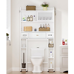 Cozivolife Over The Toilet Storage Cabinet with Acrylic Sliding Door Panel,Bamboo Organizer Shelf with 2 Toilet Paper Drawers and 1 Big Drawer,Toilet Rack for Bathroom (White)