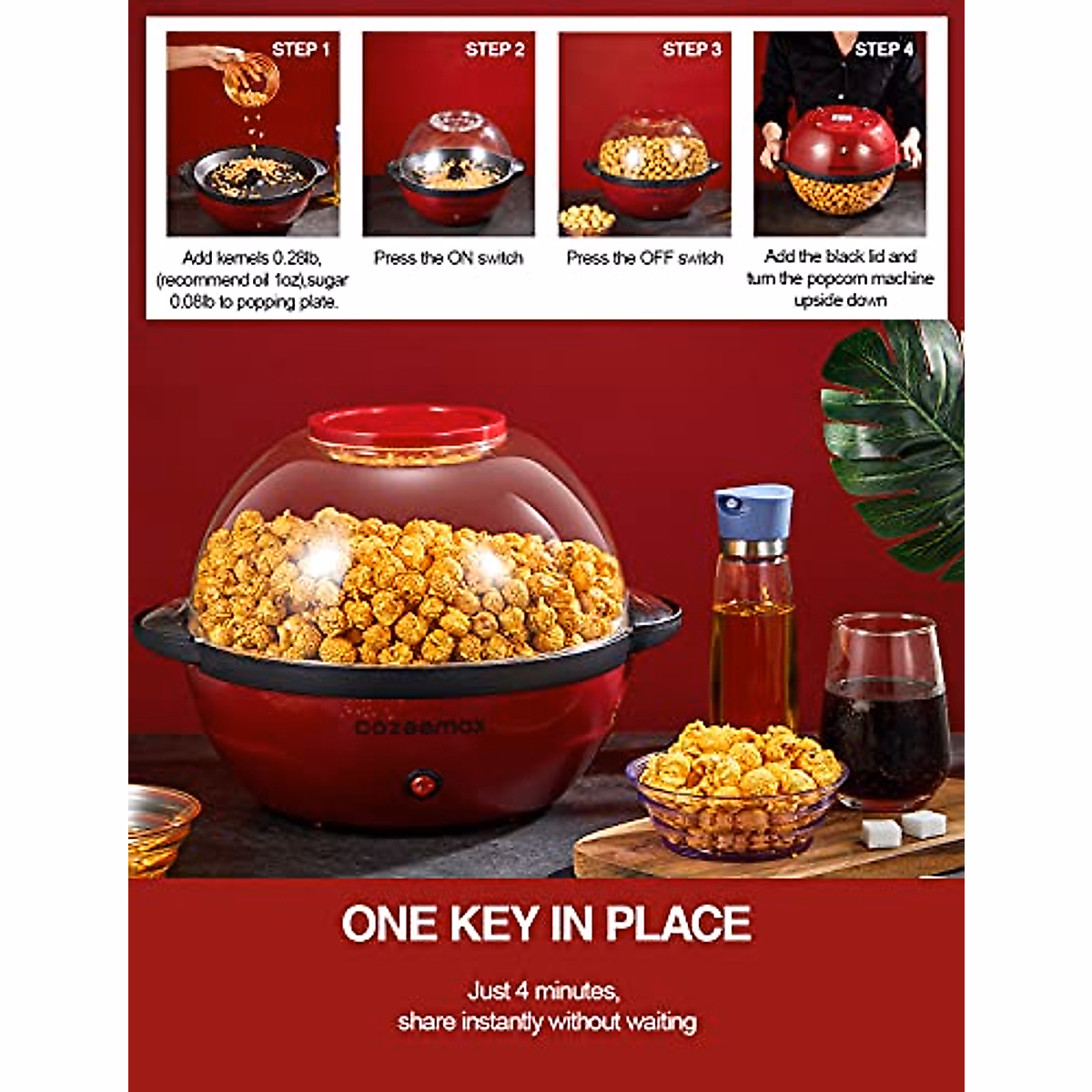 Popcorn Machine, 2 in 1 Popcorn Popper maker, 6 Quart/24 Cup, Nonstick Plate, 850W Electric Stirring with Quick-Heat Technology, Cool Touch Handles, Thicken Transparent Cover, Dishwasher Safe
