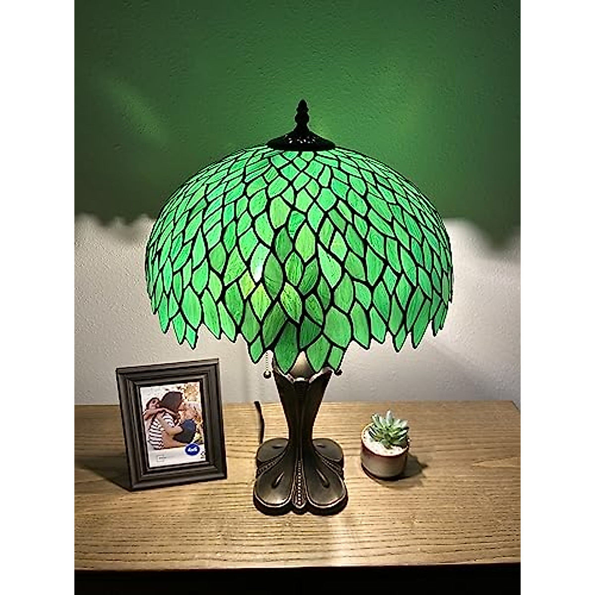 Enjoy Tiffany Style Table Lamp Green Stained Glass Leaves Included LED Bulbs Vintage for Living Room Dining Room Bedroom Bedside Office Hotel H24*W16 in