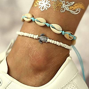 Aluinn Boho Turtle Layered Shell Anklet Set Silver Ankle Bracelets Beaded Foot Chain Beach Foot Jewelry Accessories for Women summer gifts
