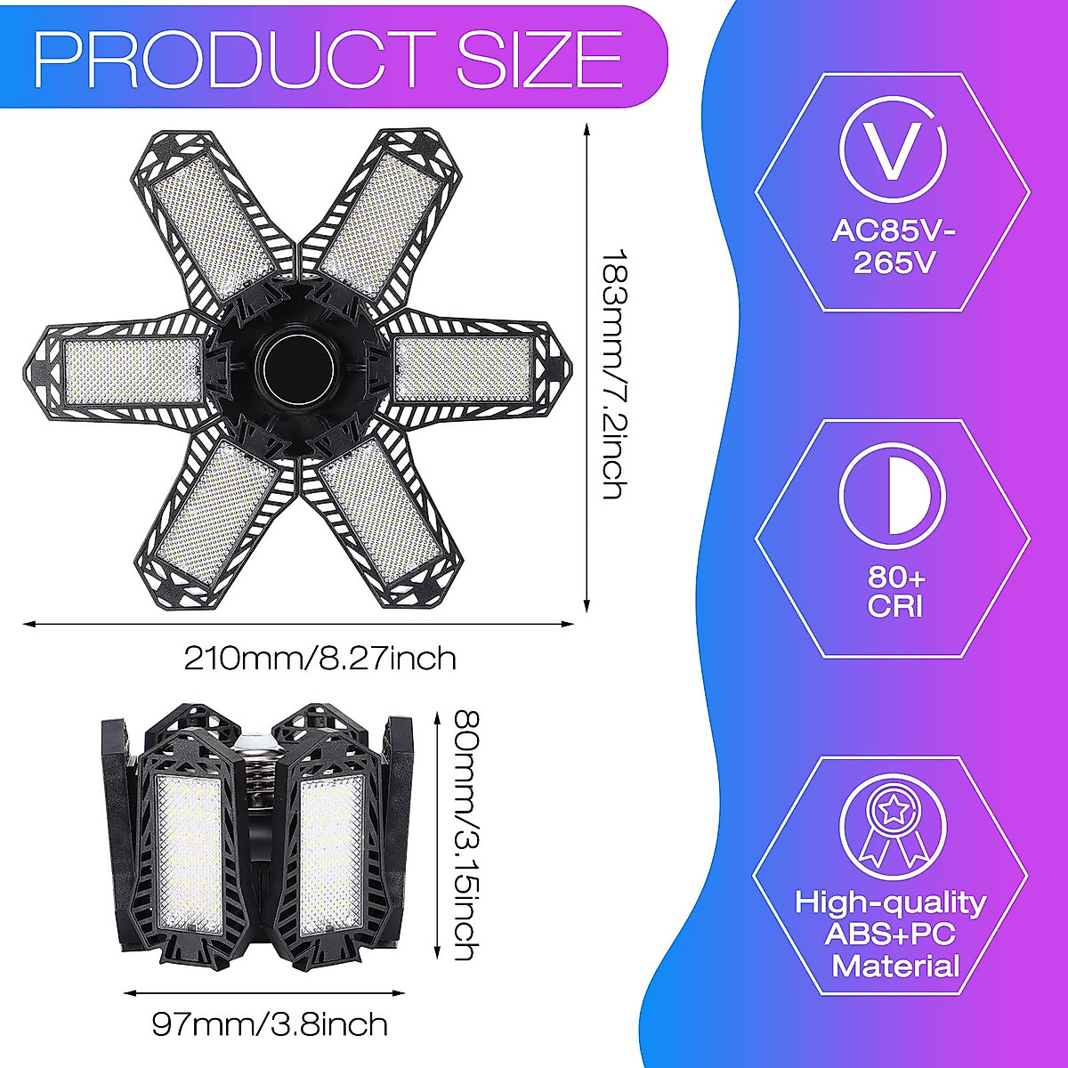 Retisee 6 Pcs LED Garage Lights 120w Deformable LED Garage Ceiling Lights with Adjustable Panels E26/E27 LED Garage Lights Bulb 12000lm Shop Lights for Garage Workshop Basement High Bay Light