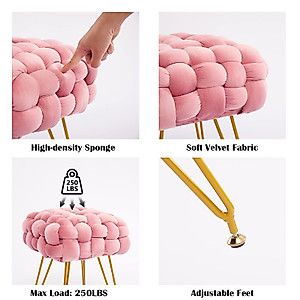 Square Velvet Vanity Stool, Upholstered Ottoman Foot Rest with Adjustable Metal Legs, Makeup Ottoman for Bedroom, Dressing Room, Living Room, Pink