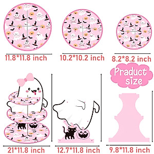 Halloween Cupcake Stand Decorations 3-Tier Pink Halloween Ghost Cake Stand Tower for Halloween Little Boo Theme Birthday Baby Shower Party Pumpkin Bat Witch Theme Party Supplies