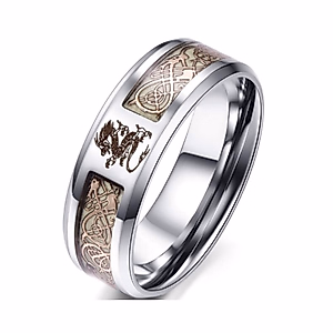 Blowin 8mm Golden Celtic Dragon Luminous Ring Aurora Glow Stainless Steel Wedding Band for Men Women (Size 12)